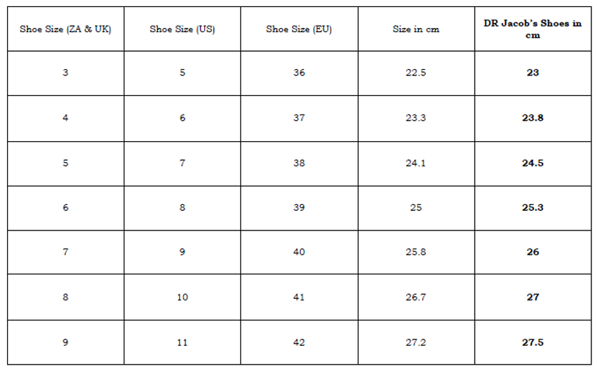 Size Guide Dr Jacob s Shoes